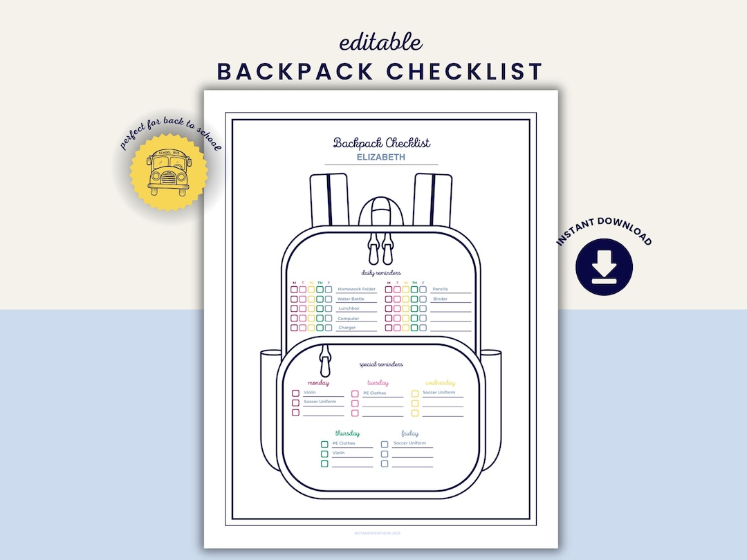 Editable Backpack Checklist, Weekly Backpack Checklist Printable, Back ...