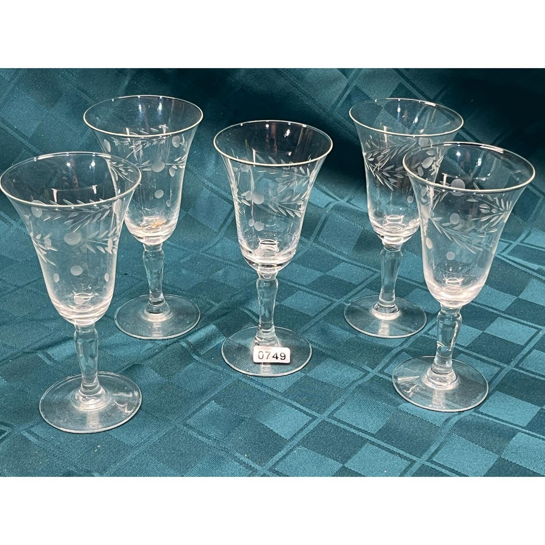 Five 5 Vintage Elegant Etched Glass Cordial Sherry Footed Stem Glasses ...