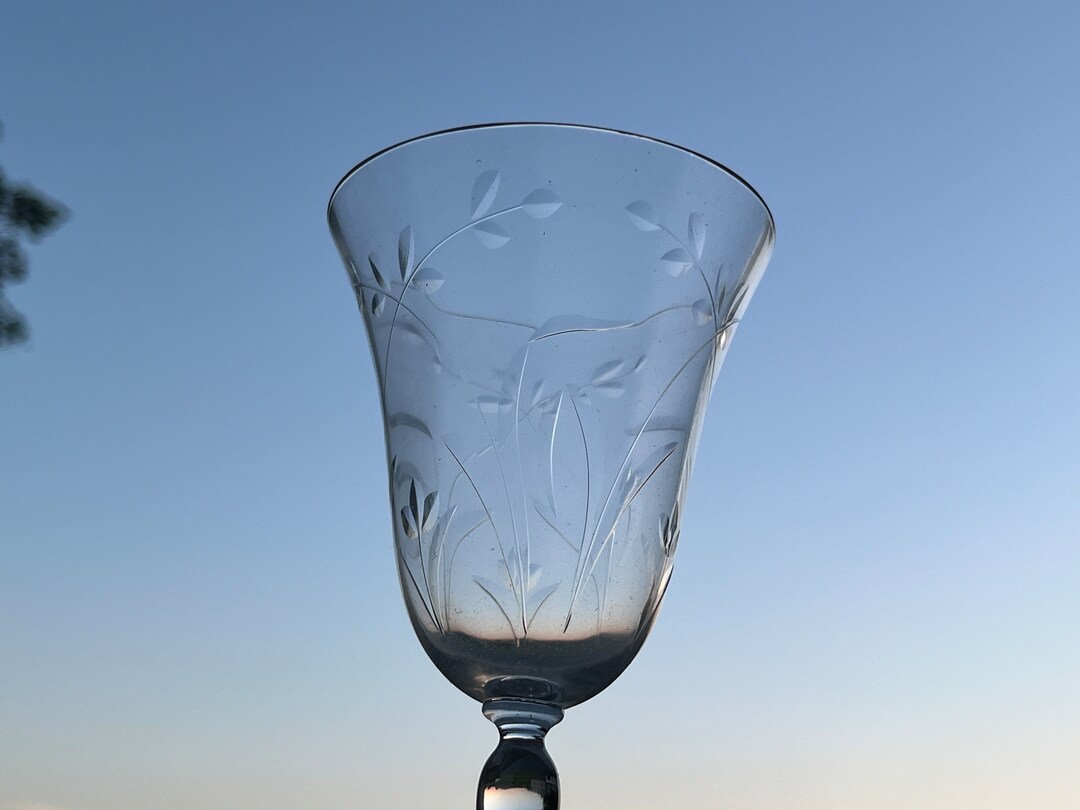 Set of Six (6) Wine Ice Tea Water Etched Stemmed Glasses Flower and ...