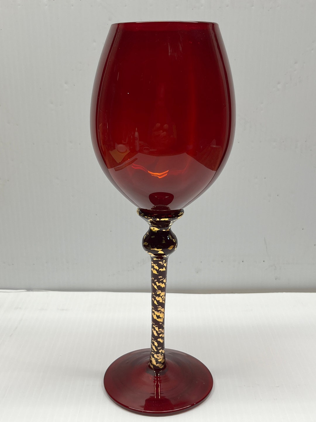 One 1 Bombay Ruby Red Wine Goblet Glass Gold Fleck Swirled Stem Hand ...