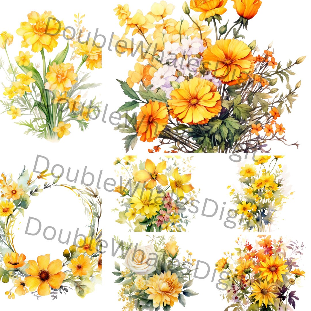Watercolor Floral Yellow Floral Clipart Set of 20, Fall Flowers Summer ...