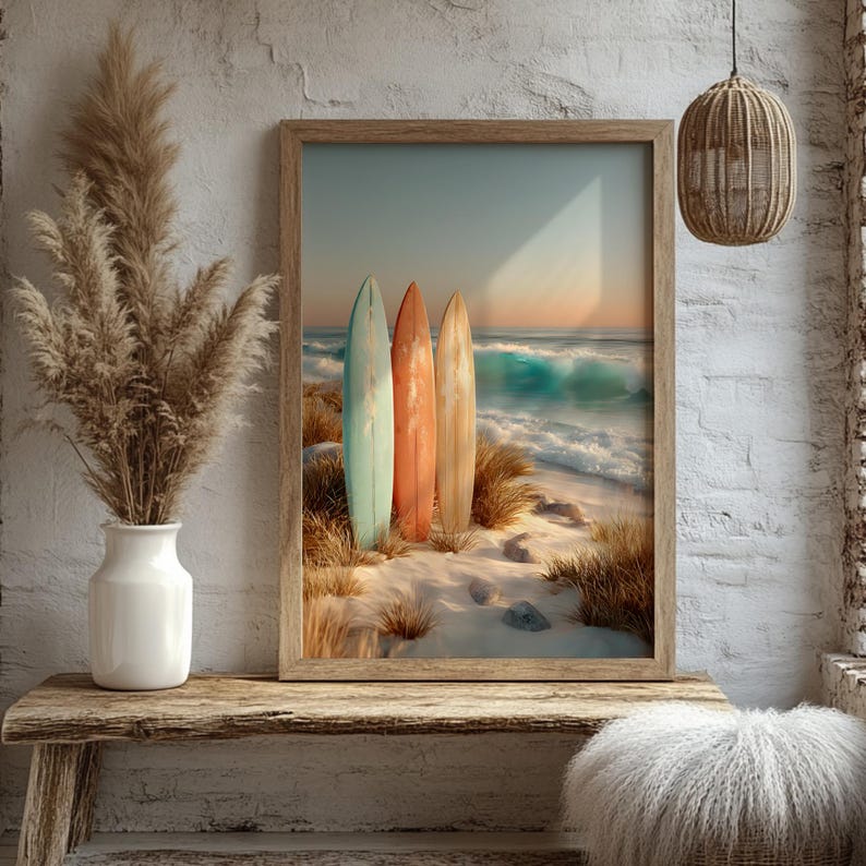 Surfboard Beach Poster Coastal Wall Art Sunset Ocean Print Tropical ...