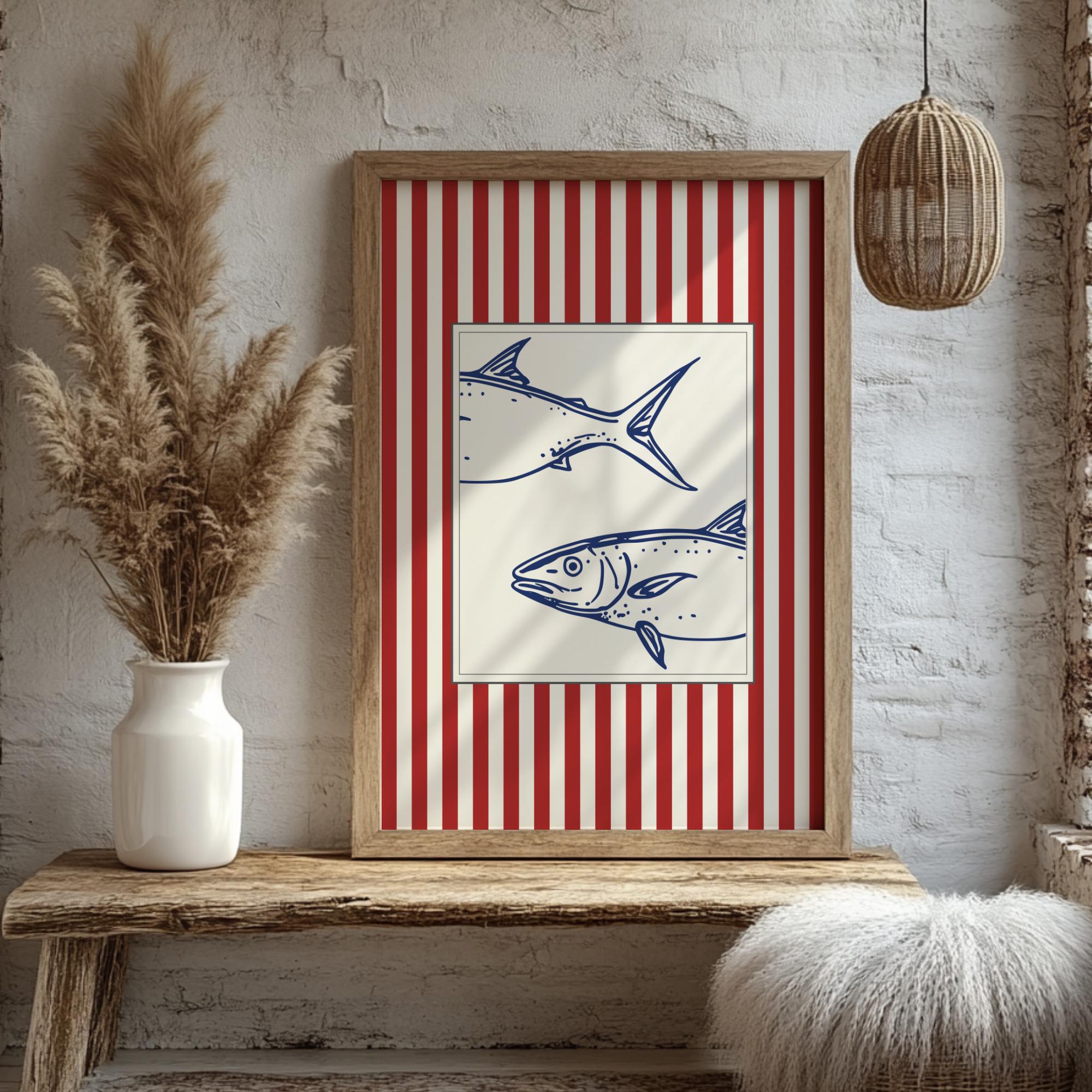 Coastal Fish Wall Art Print With Nautical Blue Illustration Red Striped ...