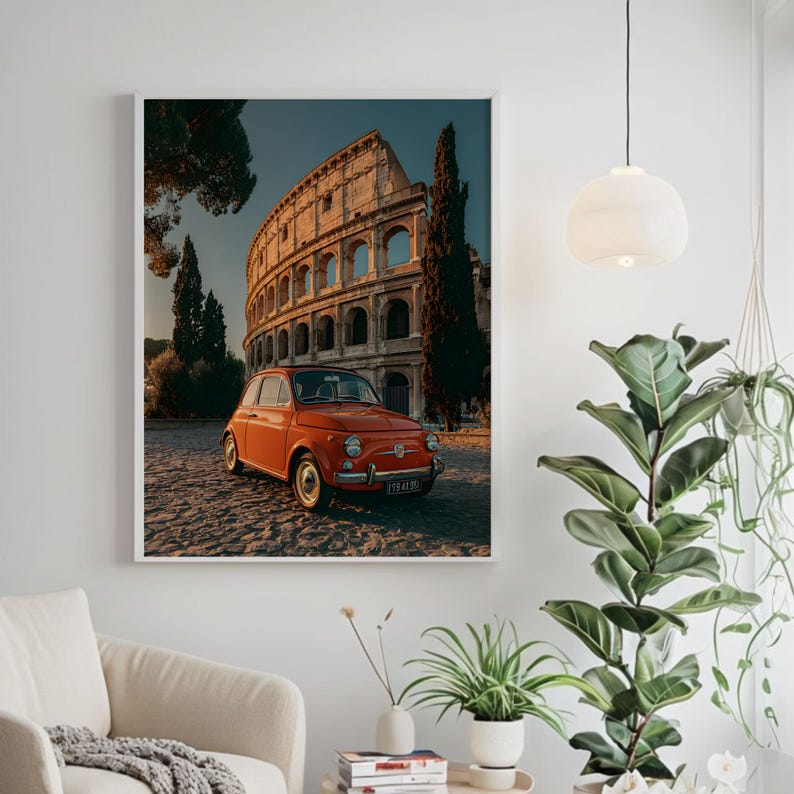 Rome Colosseum Wall Art Vintage Fiat Car Poster Italian Cityscape Print ...