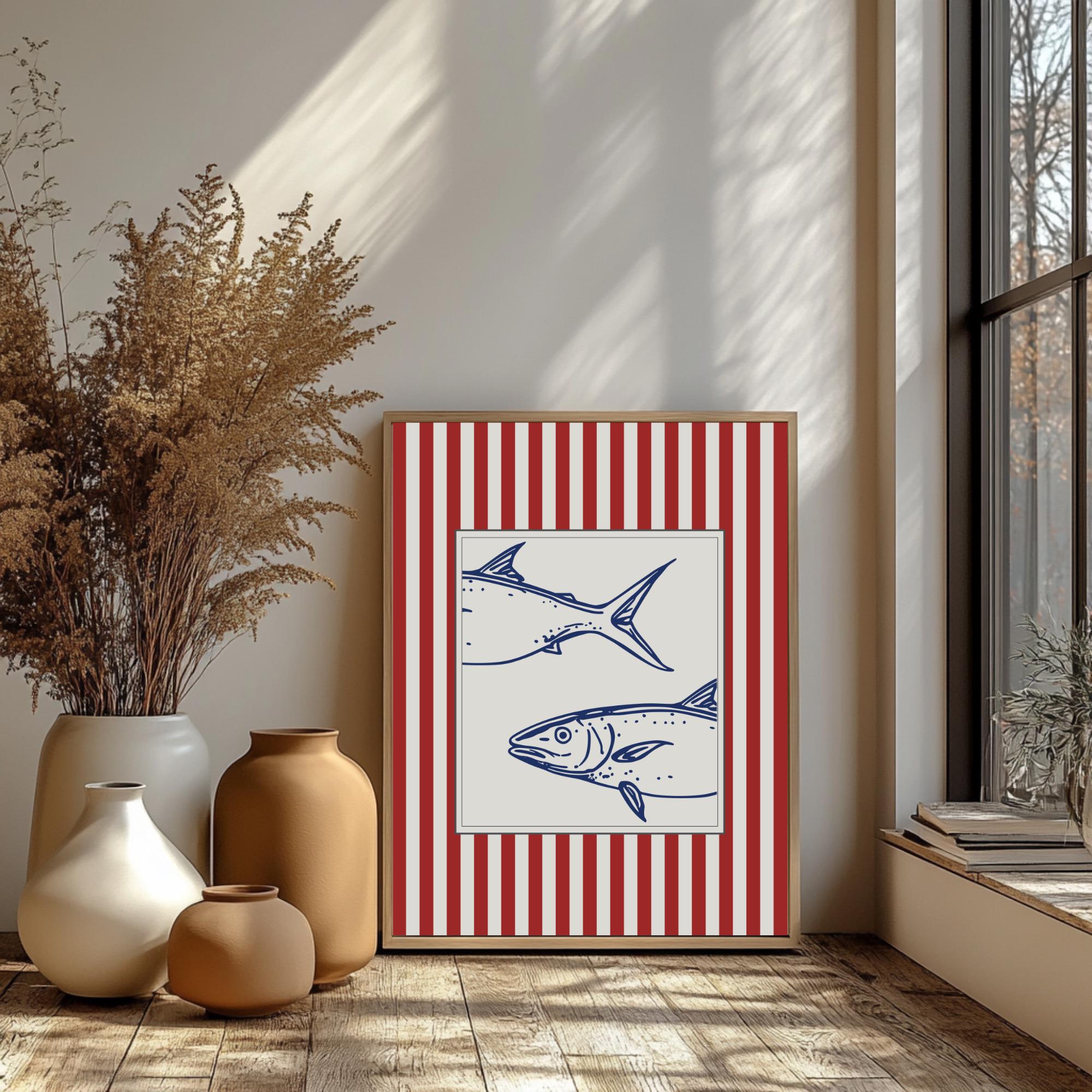 Coastal Fish Wall Art Print With Nautical Blue Illustration Red Striped ...