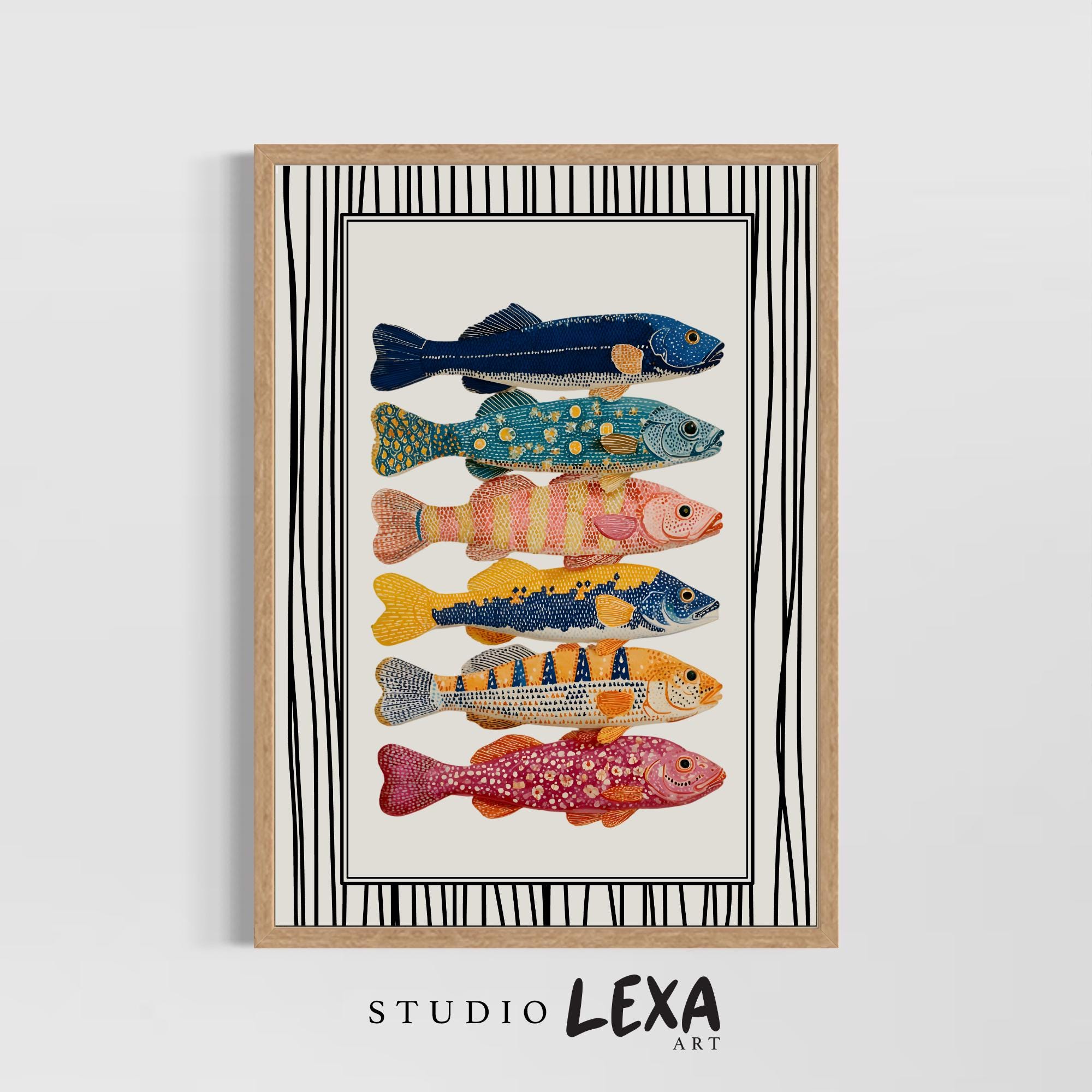 Colorful Fish Poster Thin Striped Trendy Fish Aesthetic Kitchen Wall ...
