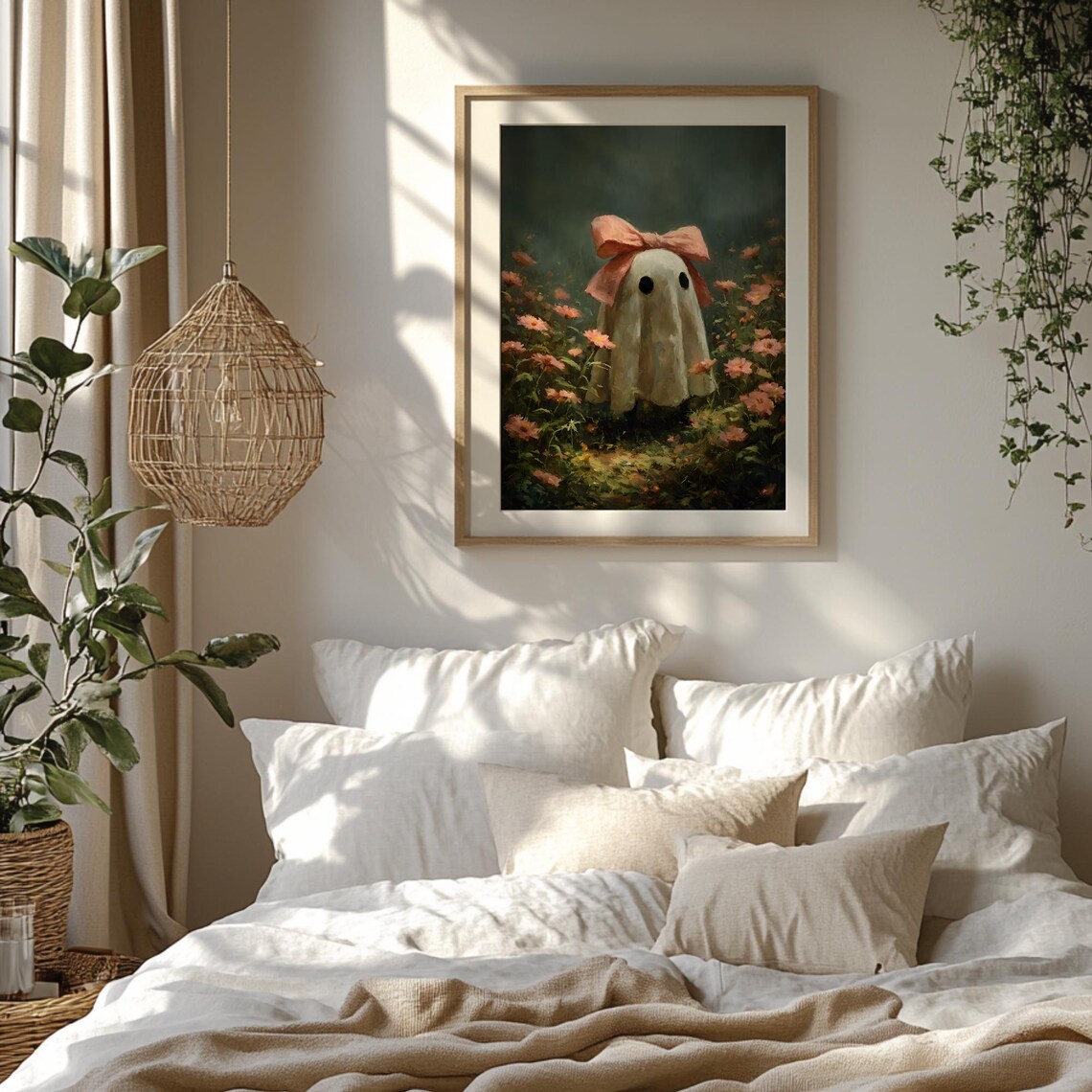 Ghost With Pink Bow Wall Art, Cute Spooky Poster, Halloween Floral ...