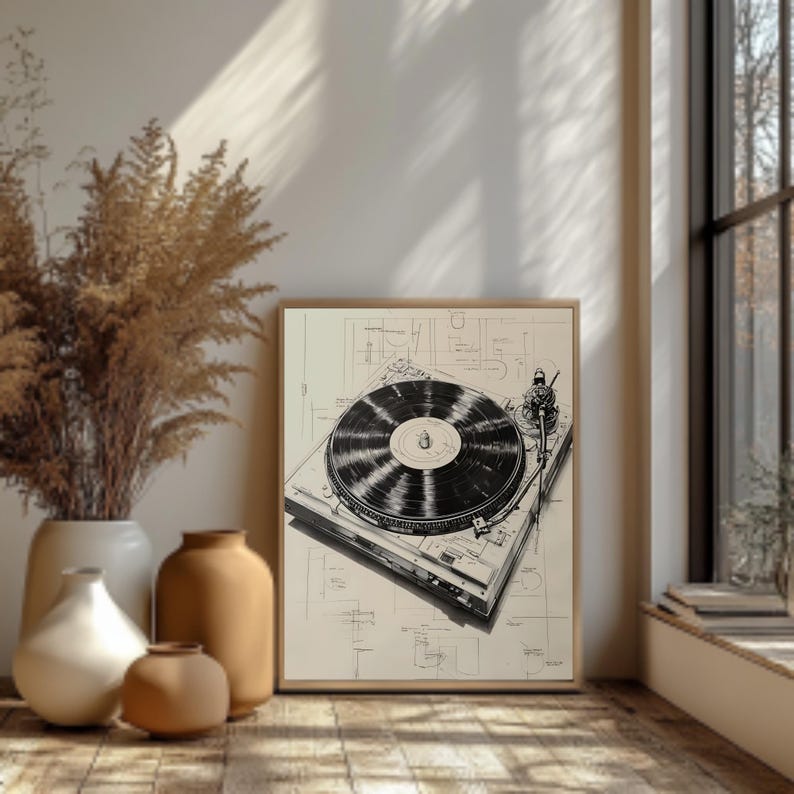 Record Player Blueprint Poster, Vintage Vinyl Wall Art, Minimalist Line ...