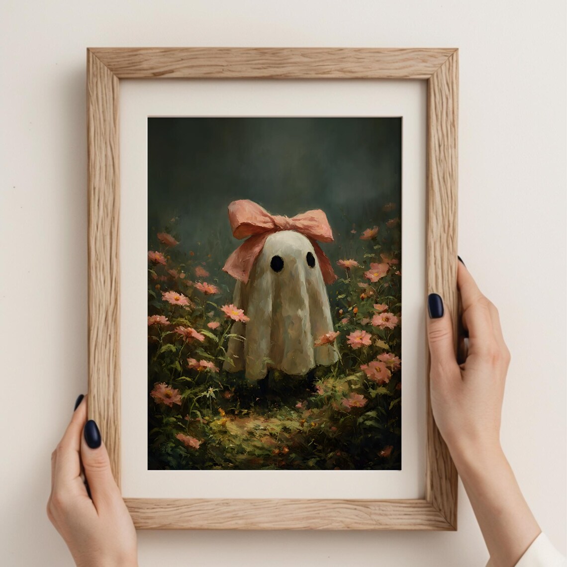 Ghost With Pink Bow Wall Art, Cute Spooky Poster, Halloween Floral ...
