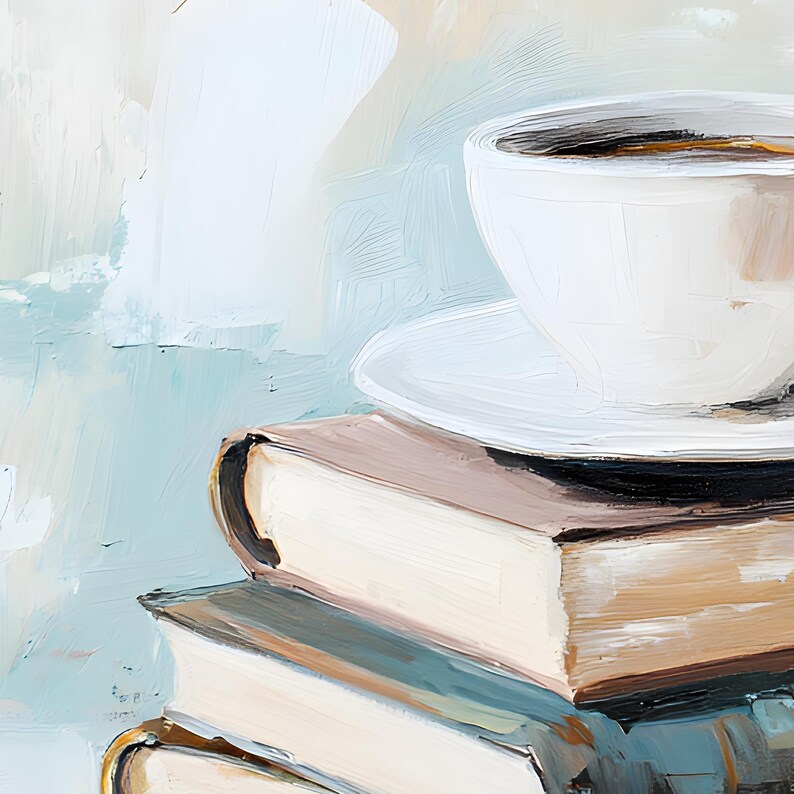 Stack of Books Painting PRINTABLE Art, Blue Vintage Library Wall Decor ...