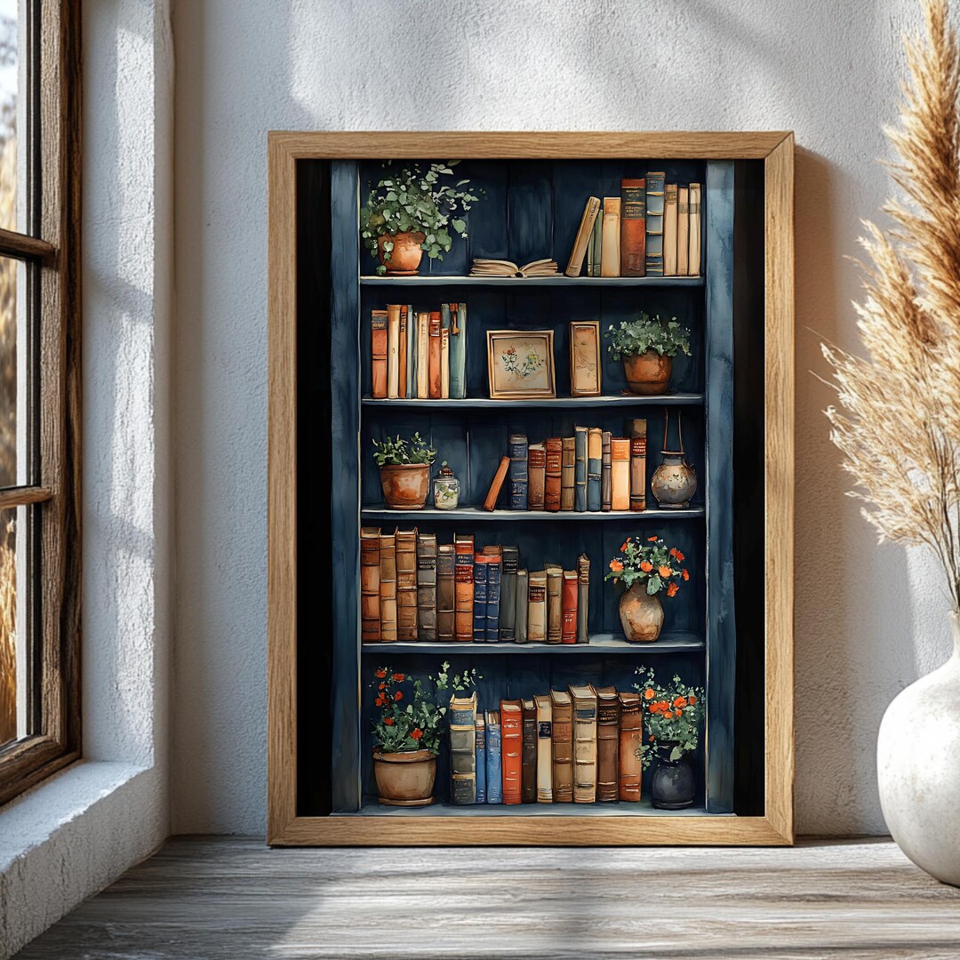Vintage Bookshelf Wall Art, Rustic Library Poster, Reading Nook Print ...