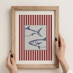 Coastal Fish Wall Art Print With Nautical Blue Illustration Red Striped ...