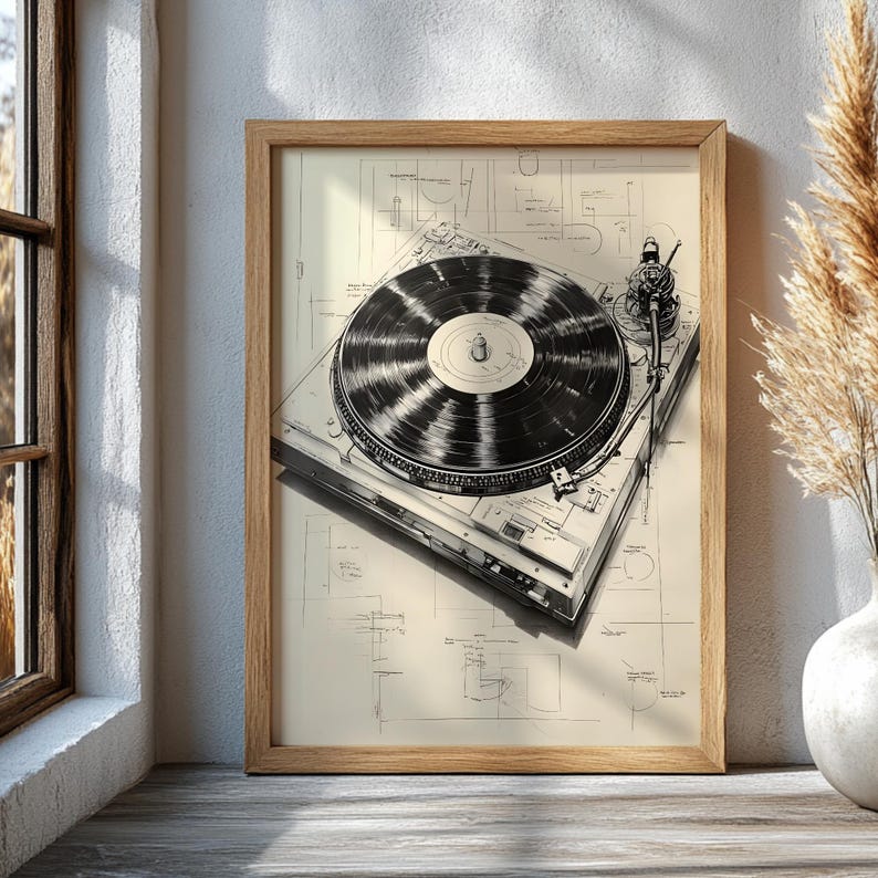 Record Player Blueprint Poster, Vintage Vinyl Wall Art, Minimalist Line ...