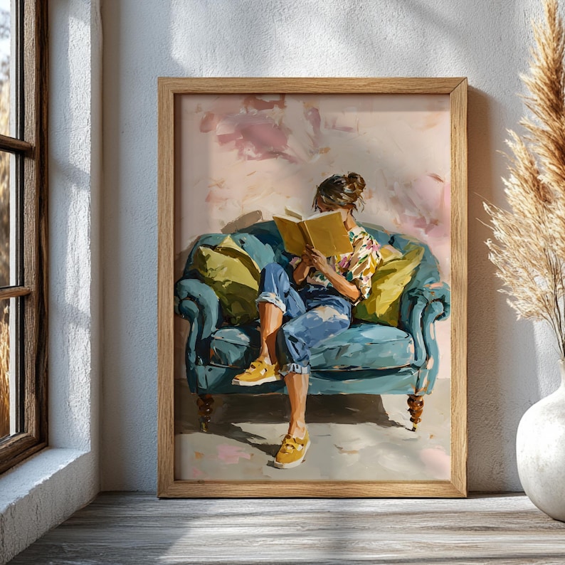 Book Lover Wall Art Print, Woman Reading Painting, Cozy Reading Nook ...