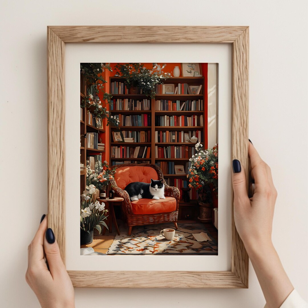Library Book Lover Poster, Cat Wall Art Print, Cozy Reading Nook ...