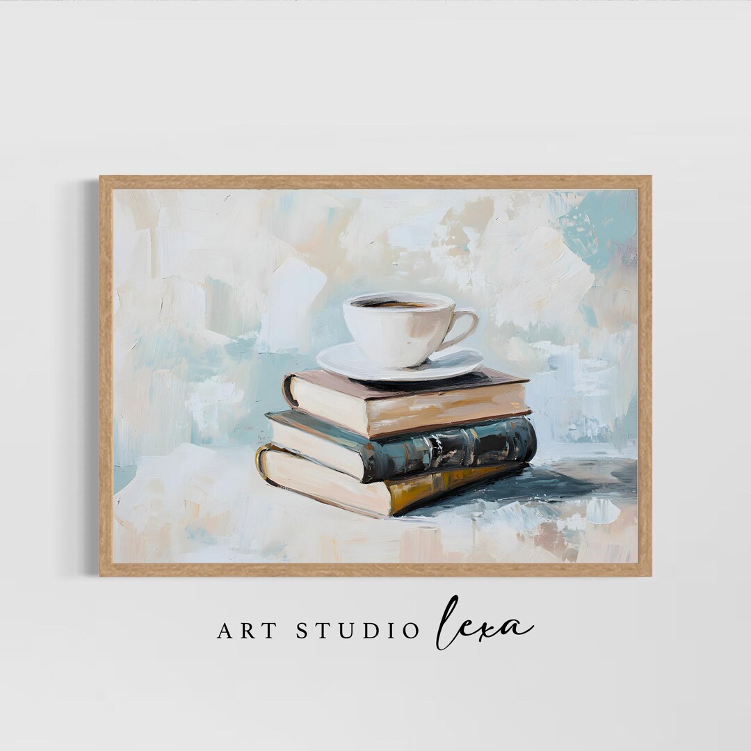 Stack of Books Painting PRINTABLE Art, Blue Vintage Library Wall Decor ...