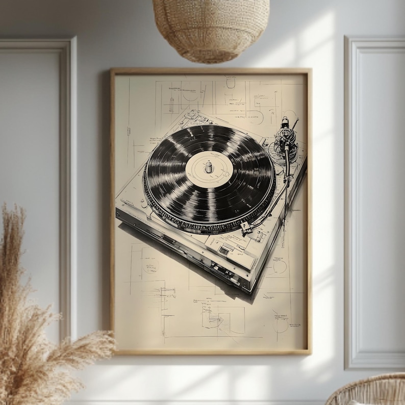 Record Player Blueprint Poster, Vintage Vinyl Wall Art, Minimalist Line ...