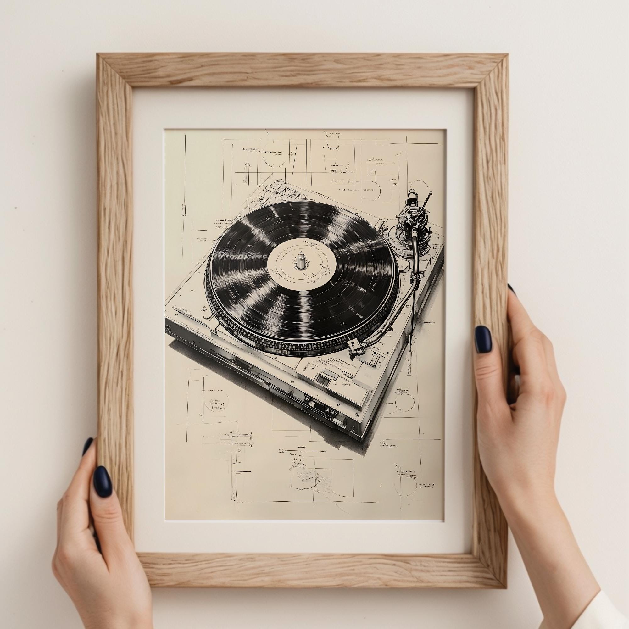 Record Player Blueprint Poster, Vintage Vinyl Wall Art, Minimalist Line ...