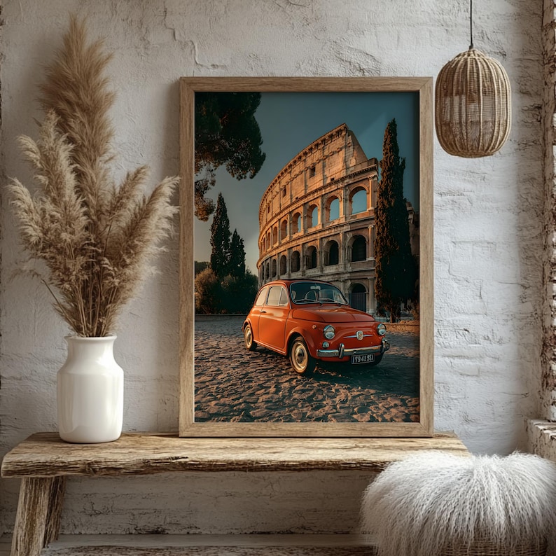 Rome Colosseum Wall Art Vintage Fiat Car Poster Italian Cityscape Print ...