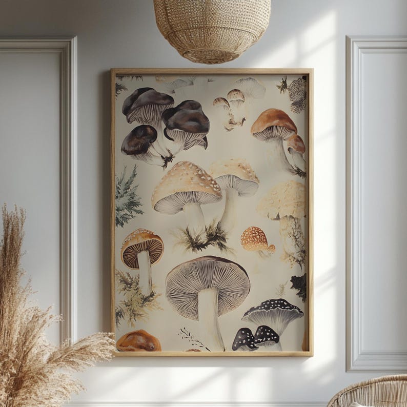 Botanical Mushroom Print, Vintage Fungi Wall Art, Rustic Cottagecore ...