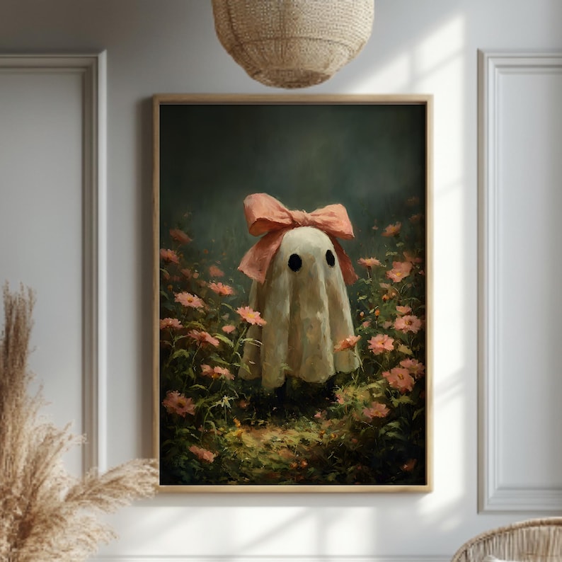 Ghost With Pink Bow Wall Art, Cute Spooky Poster, Halloween Floral ...
