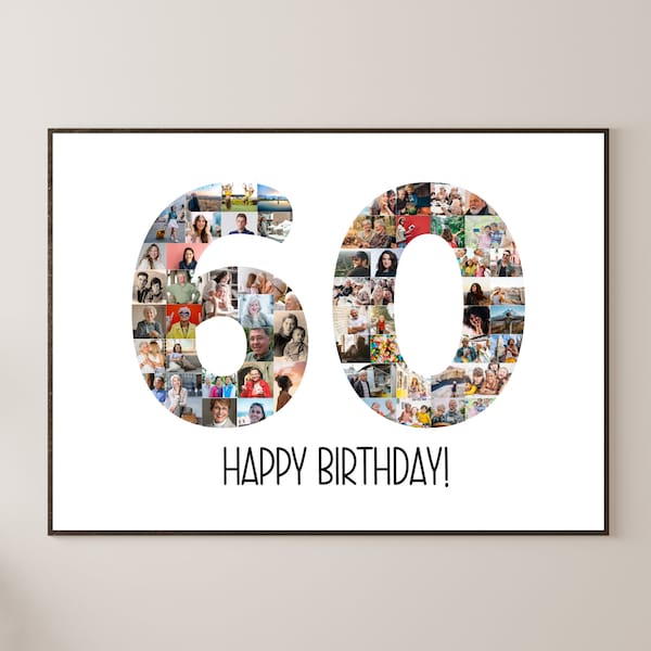 Editable 60th Birthday Number 60 Photo Collage Canva Template Printable ...