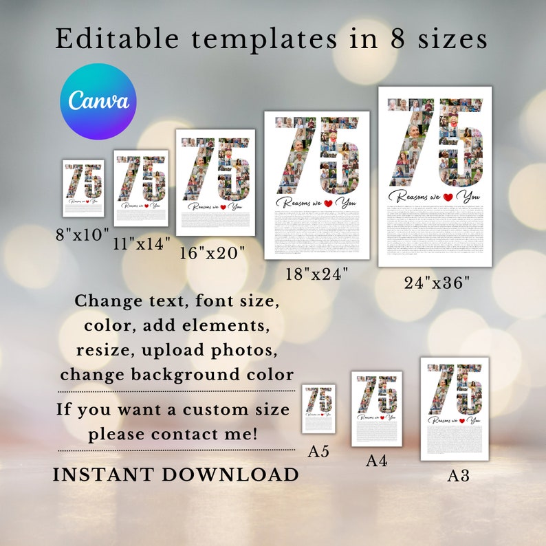 75th Birthday Photo Collage Canva Template 75th Birthday Gift for Woman ...