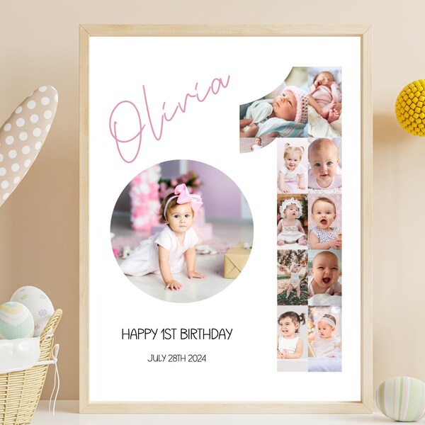 Printable First Birthday Photo Collage Canva Template 1st Birthday ...