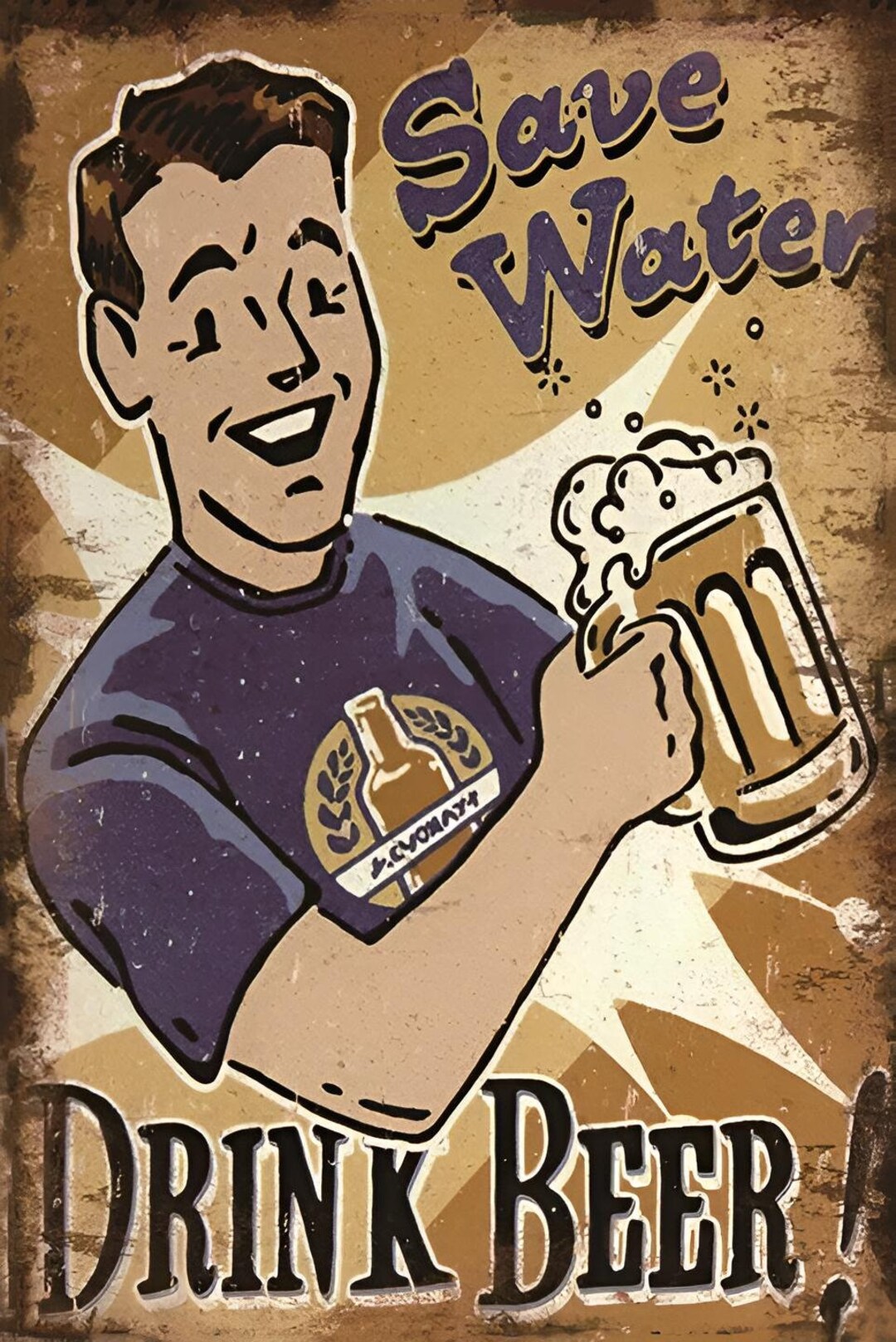 Vintage Beer Sign: Save Water Drink Beer, Man Cave Art (digital ...