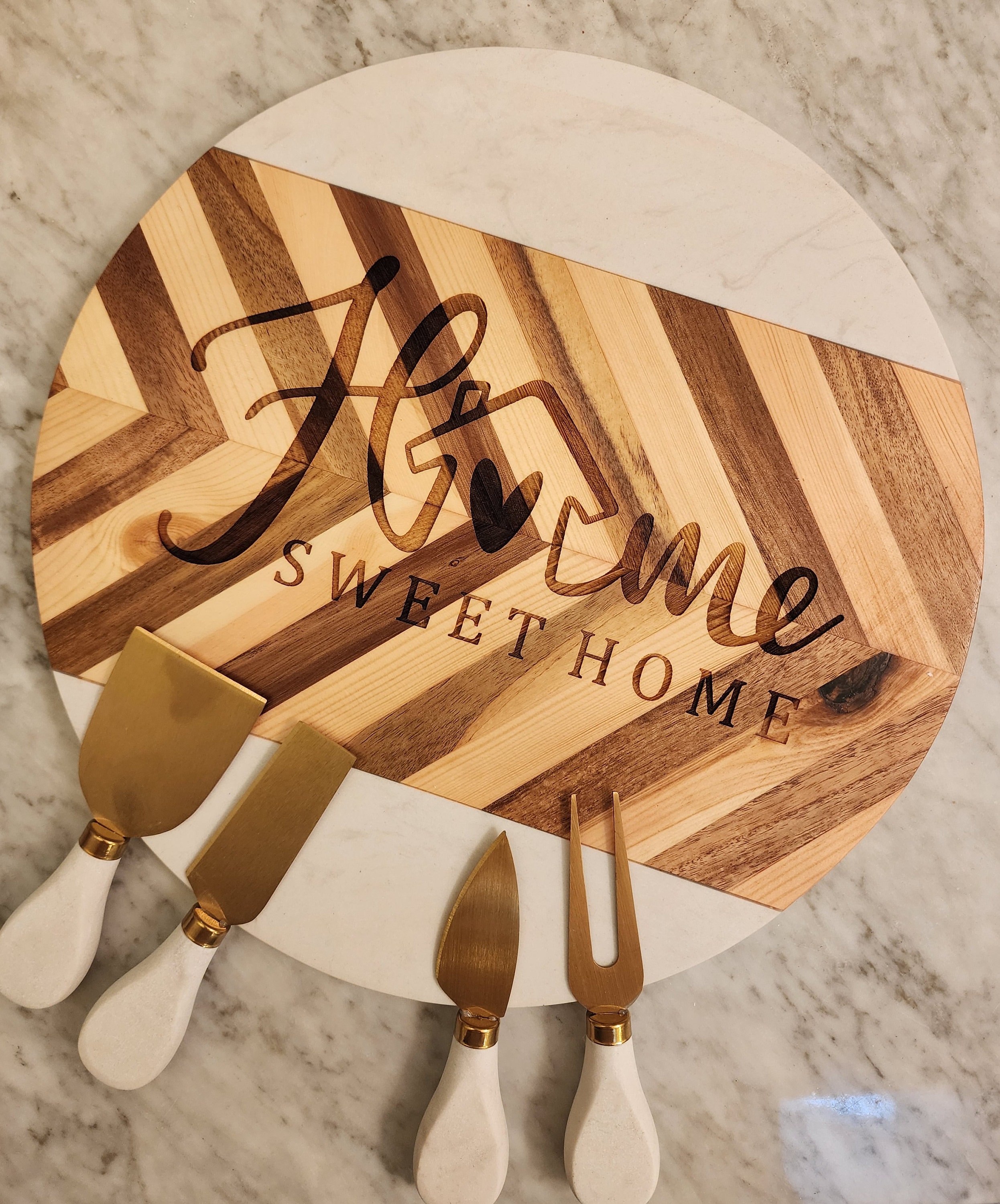 Custom Closing Gift Set Round Acopa Marble and Acacia Wood Serving Set ...