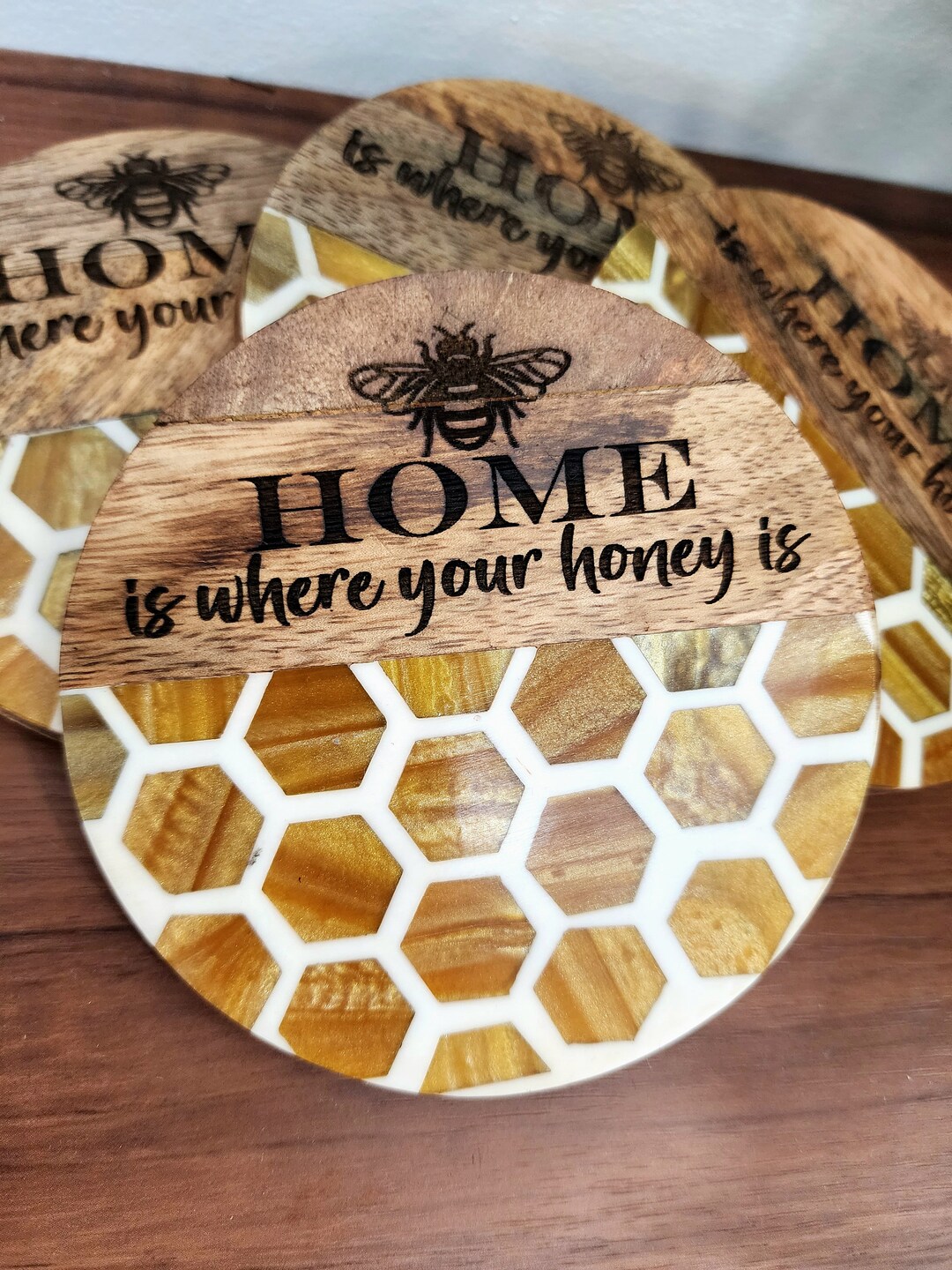 Home is Where Your Honey is Resin and Wood Coasters Set / Honeycomb ...