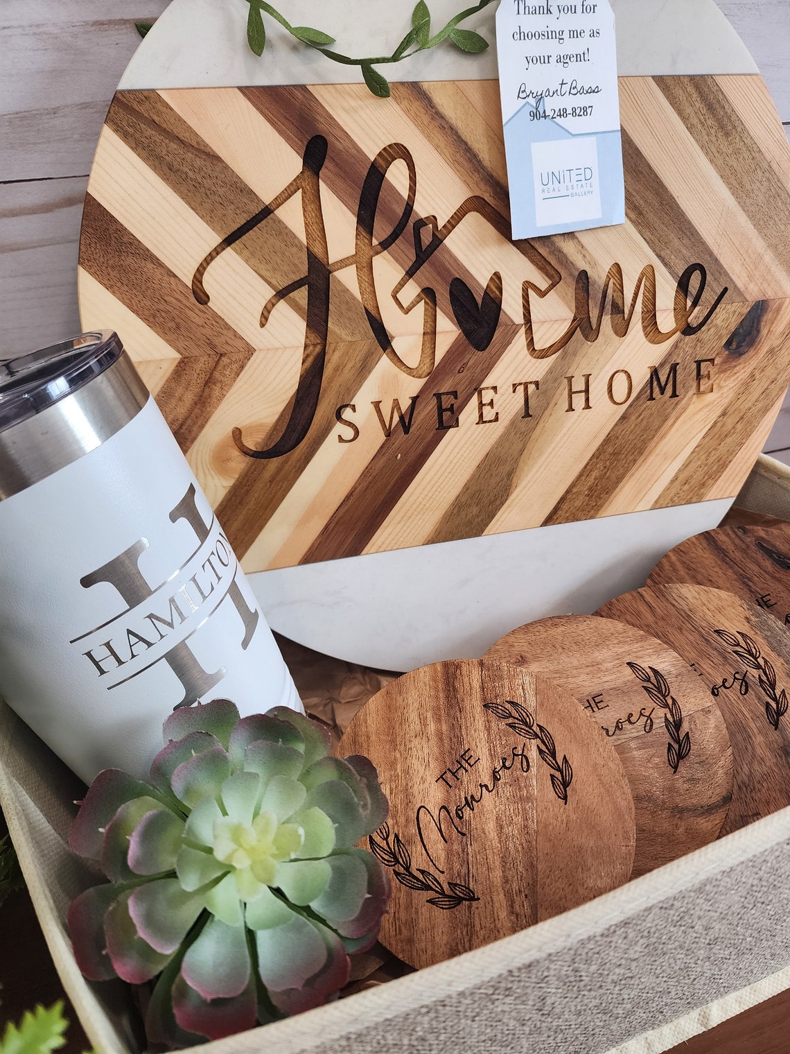 Custom Closing Gift Set- Round Acopa Marble and Acacia Wood Serving Set ...