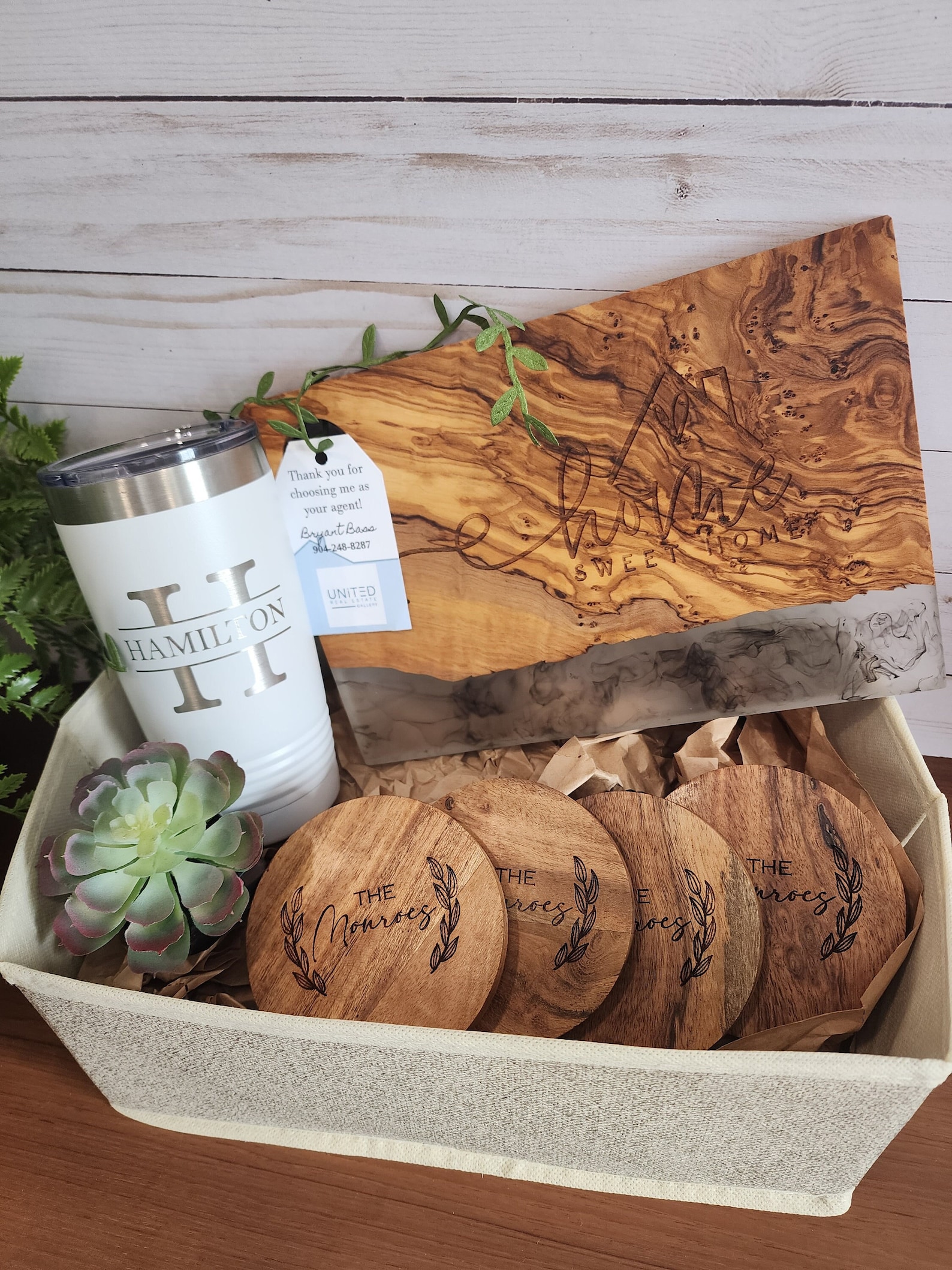 Custom Closing Gift Set- Olive Wood & White Resin / Real Estate Closing ...