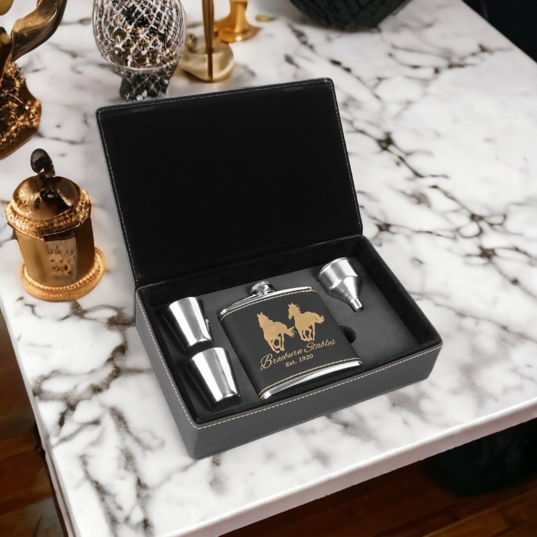 Customizable Laser Engraved Leather Flask Set W/ Gift Box - Etsy