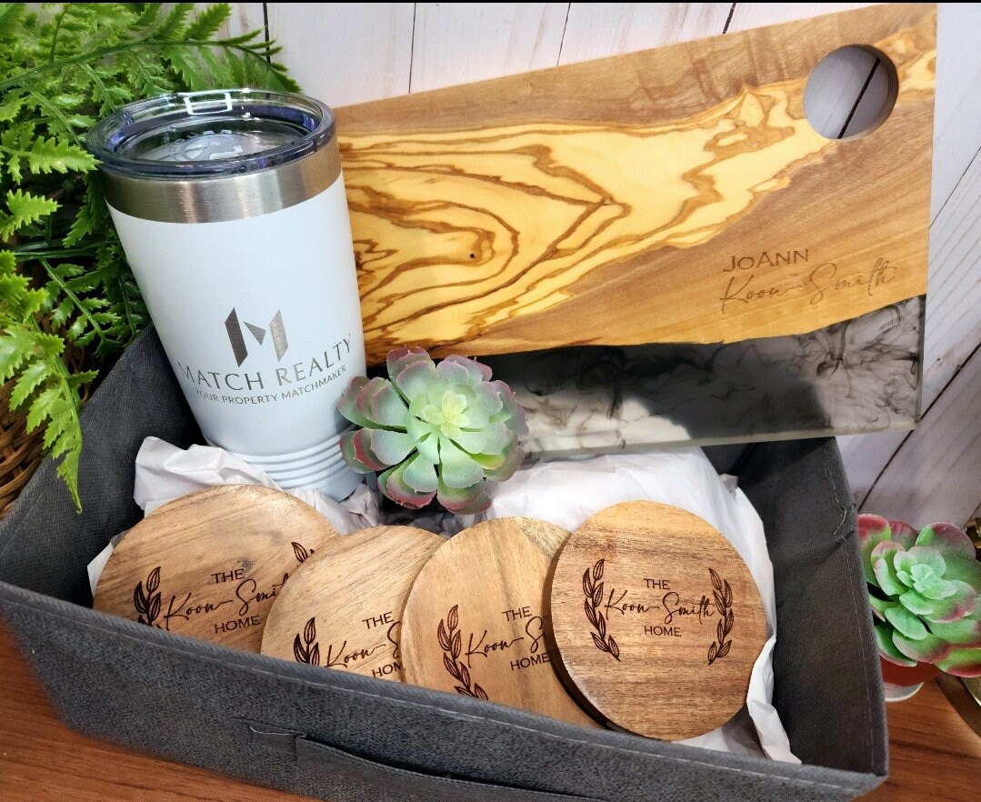 Custom Closing Gift Set- Olive Wood & White Resin / Real Estate Closing ...