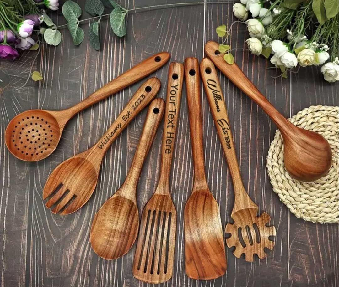 Customized 7 Piece Wooden Cooking Utensil Set / Laser Engraved Cooking ...