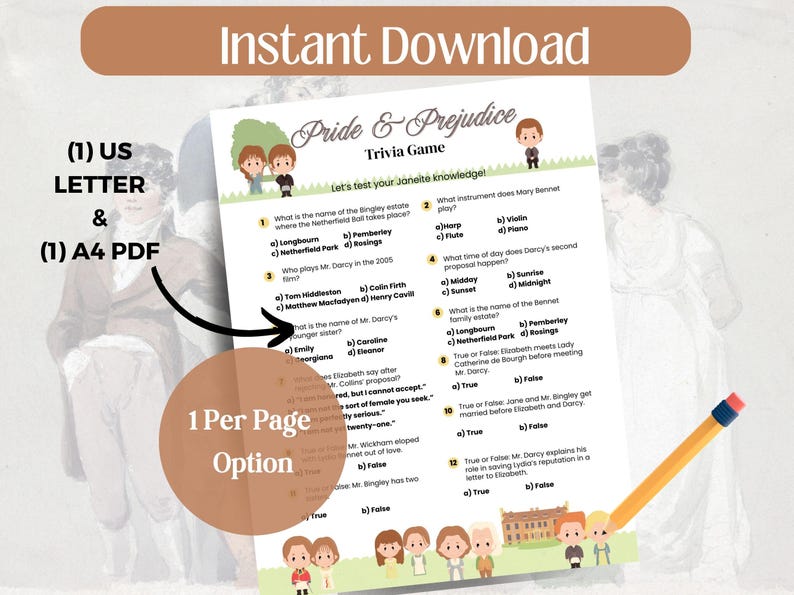 Pride and Prejudice Trivia Game Printable Jane Austen Party Game Pride ...