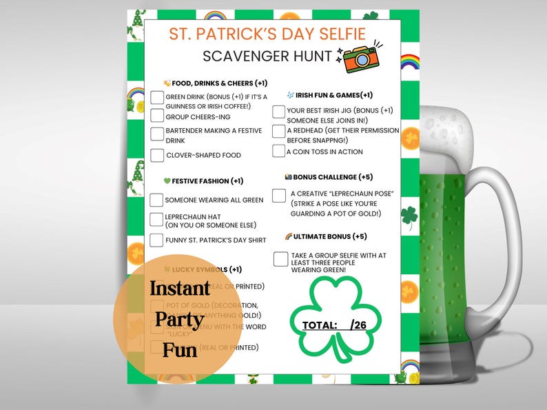St. Patrick’s Day Scavenger Hunt Printable Adult Selfie Game Irish ...