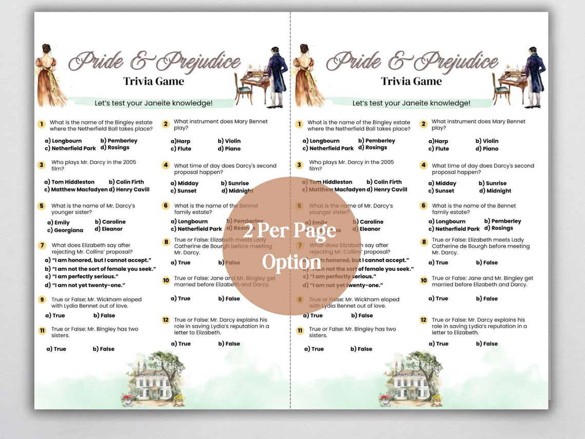 Pride and Prejudice Trivia Game Printable Jane Austen Party Game Pride ...