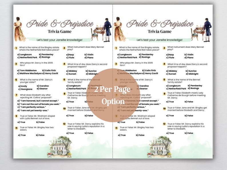 Pride and Prejudice Trivia Game Printable Jane Austen Party Game Pride ...