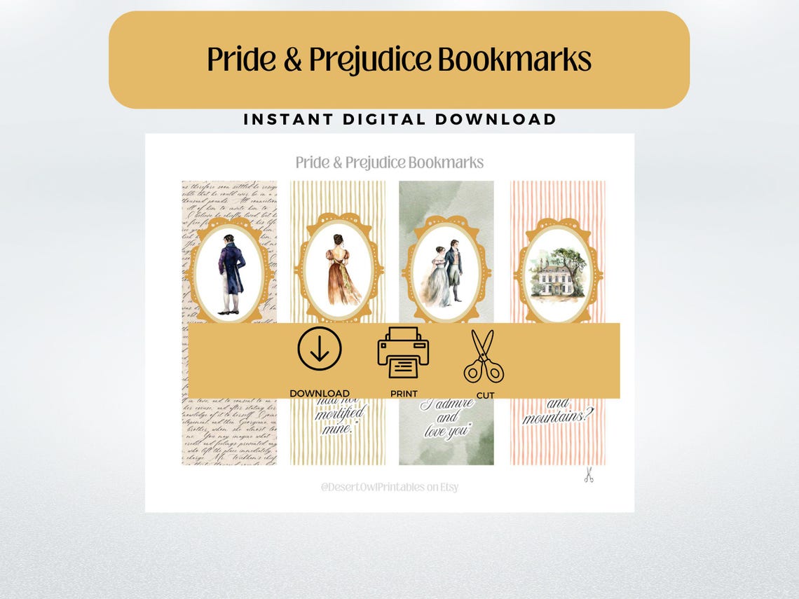 Pride and Prejudice Bookmarks Jane Austen Quotes Printable Book Lover ...