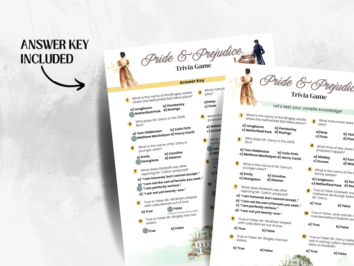 Pride and Prejudice Trivia Game Printable Jane Austen Party Game Pride ...