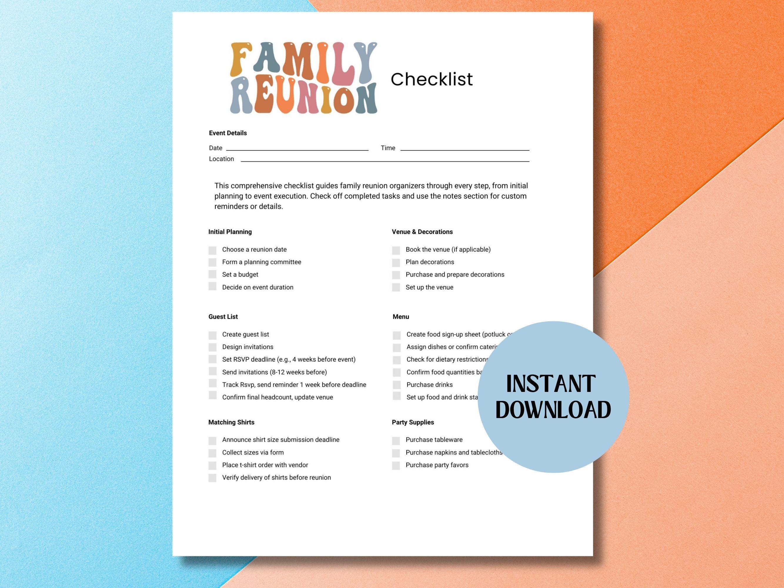 Family Reunion Checklist Printable Family Reunion Organizer Reunion ...
