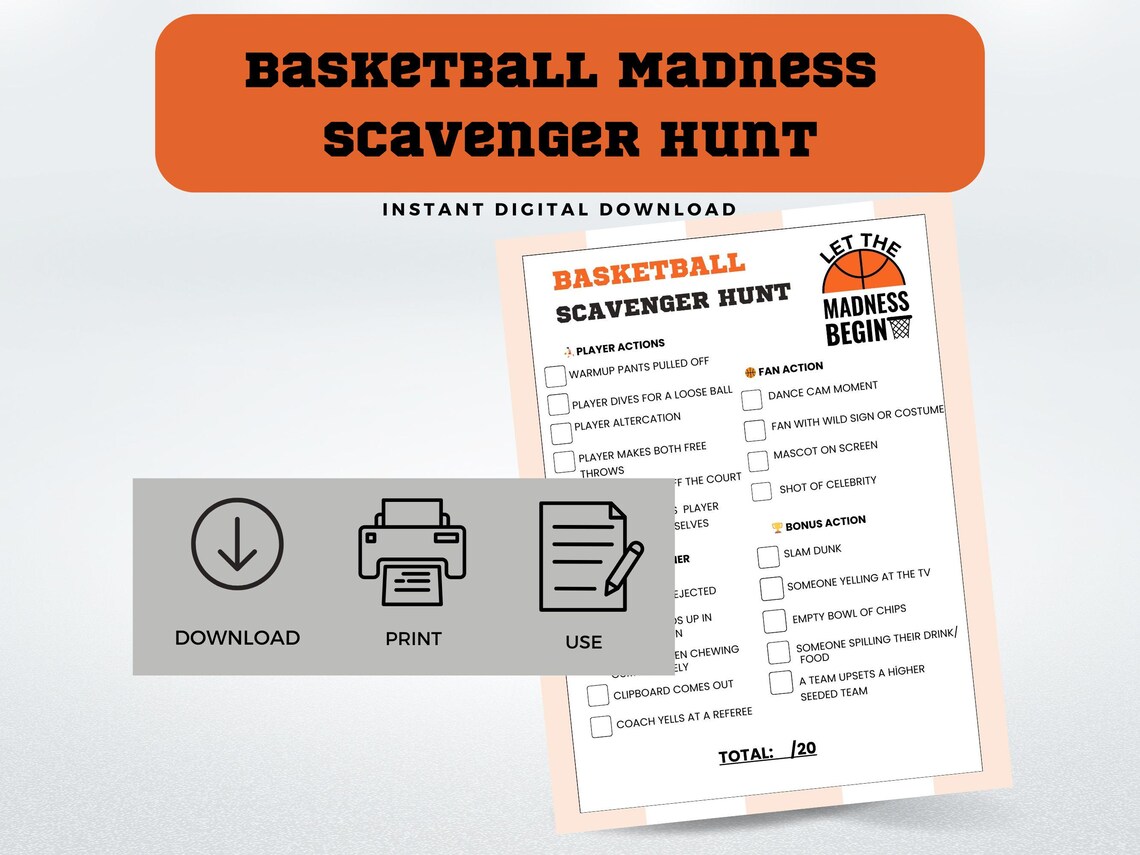 Basketball Madness Scavenger Hunt Game Printable Basketball Party Game ...