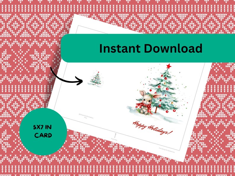 Christmas Bunny Card Printable Folded 5x7 Card Holiday Bunny Card - Etsy