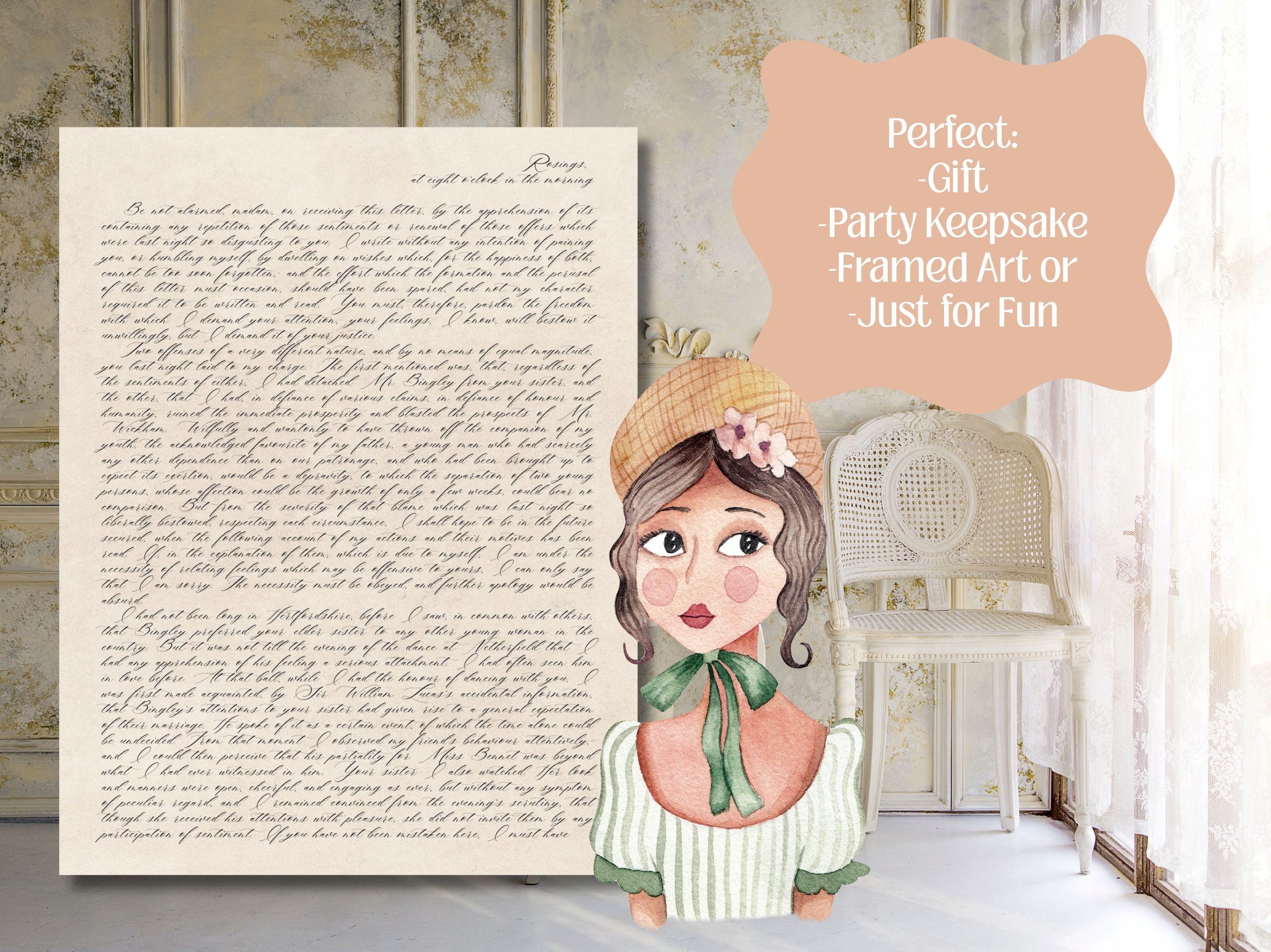 Mr. Darcy's Letter Printable Pride and Prejudice Gift Jane Austen ...