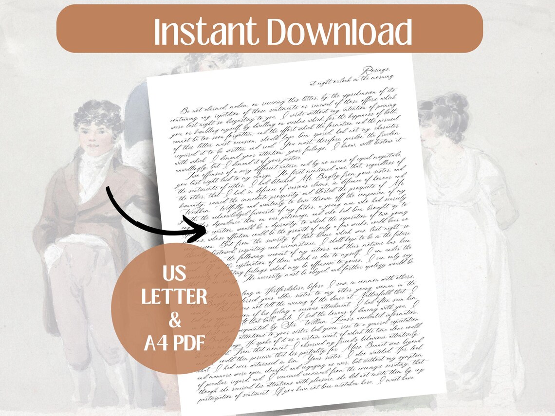 Mr. Darcy's Letter Printable Pride and Prejudice Gift Jane Austen ...