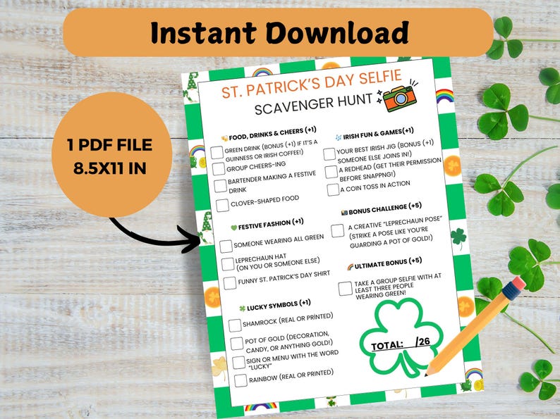 St. Patrick’s Day Scavenger Hunt Printable Adult Selfie Game Irish ...