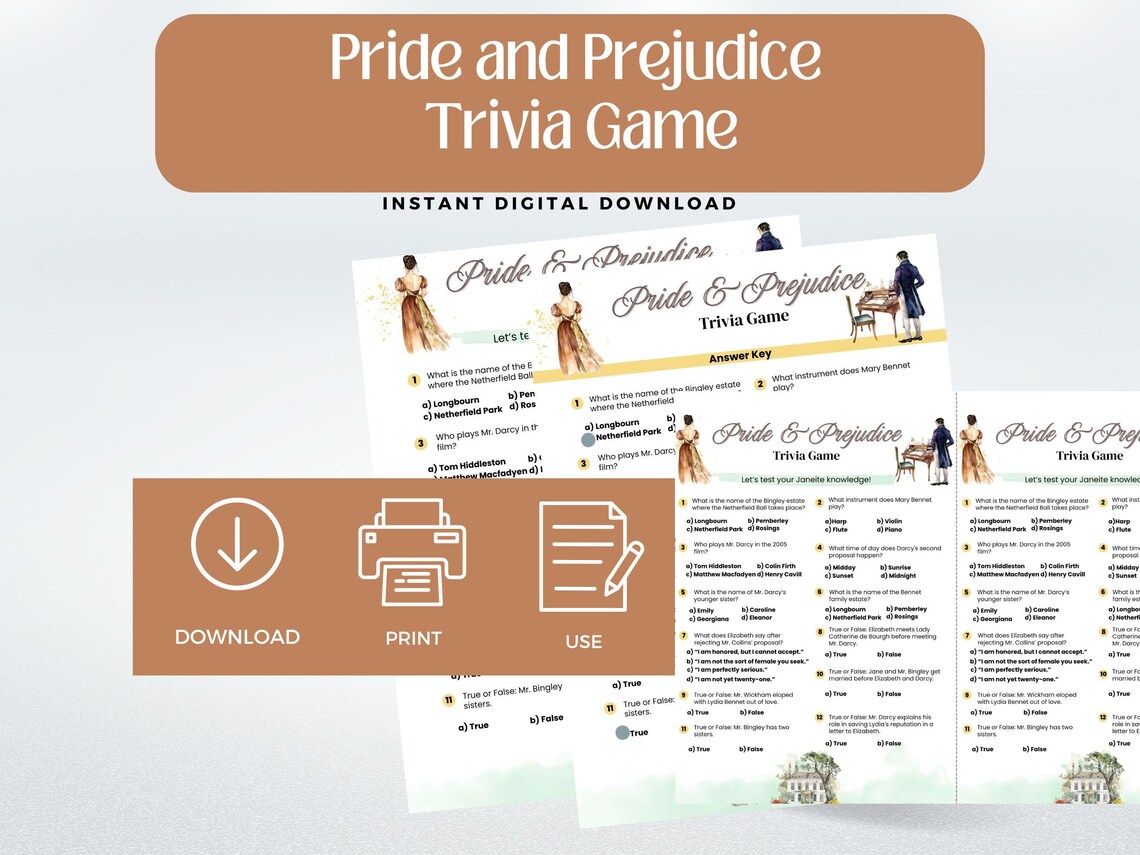 Pride and Prejudice Trivia Game Printable Jane Austen Party Game Pride ...