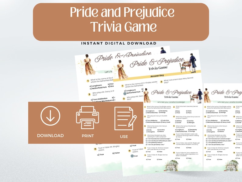 Pride and Prejudice Trivia Game Printable Jane Austen Party Game Pride ...